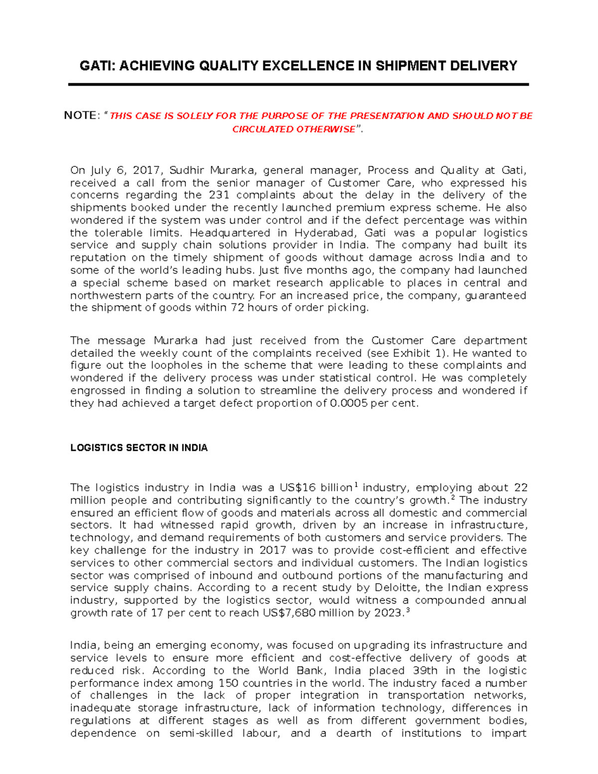 Case Study Round 2 - GATI: ACHIEVING QUALITY EXCELLENCE IN SHIPMENT ...