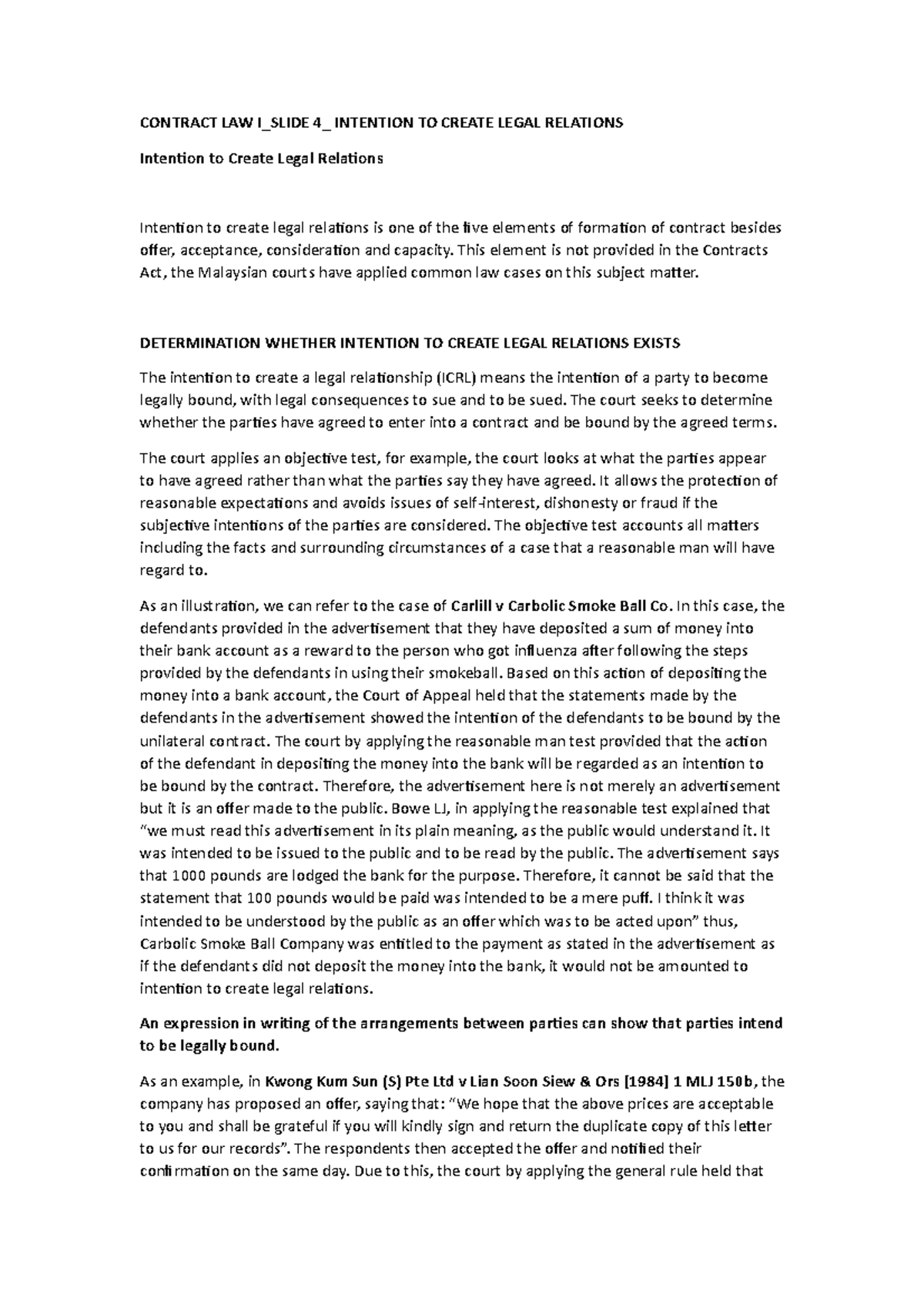 Contract LAW I Slide 4 Intention TO Create Legal Relations - CONTRACT ...