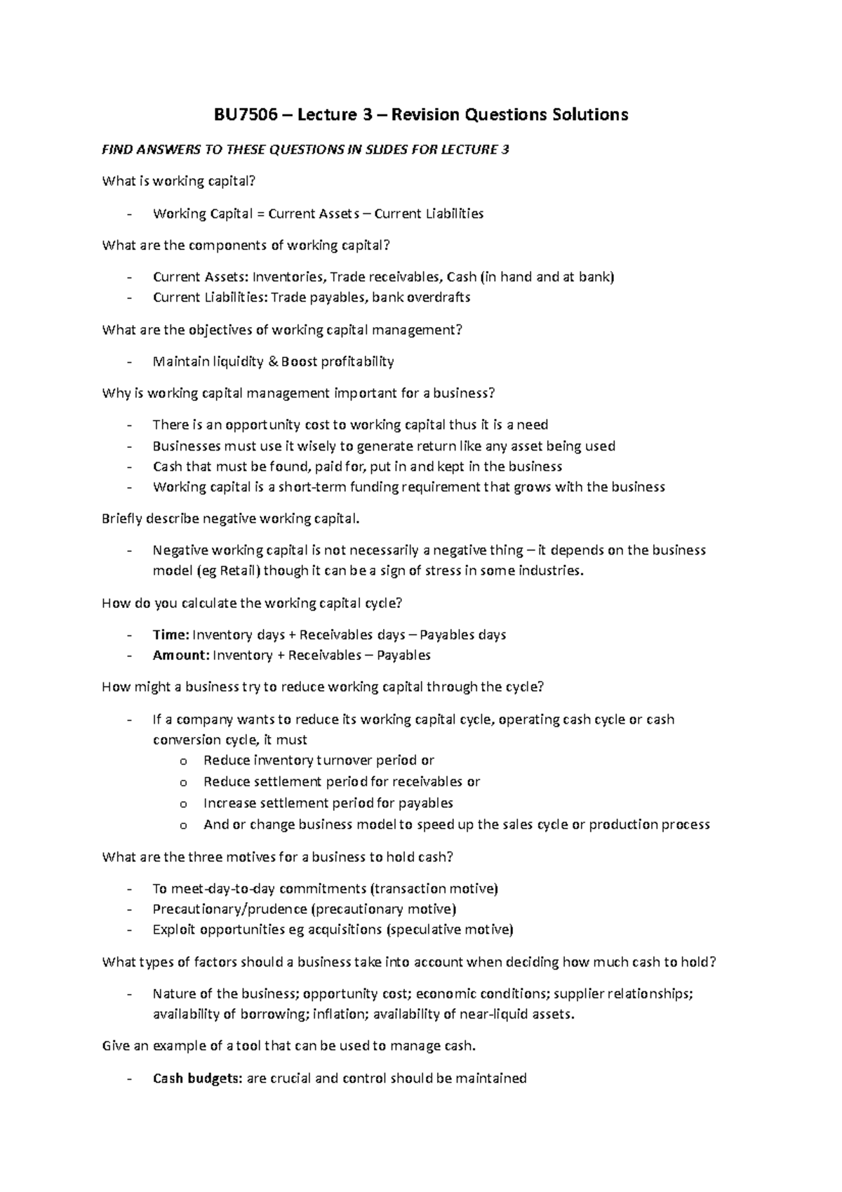 BU7506 L3 RQ - Practice sheet and summary of lecture 3 of corporate ...