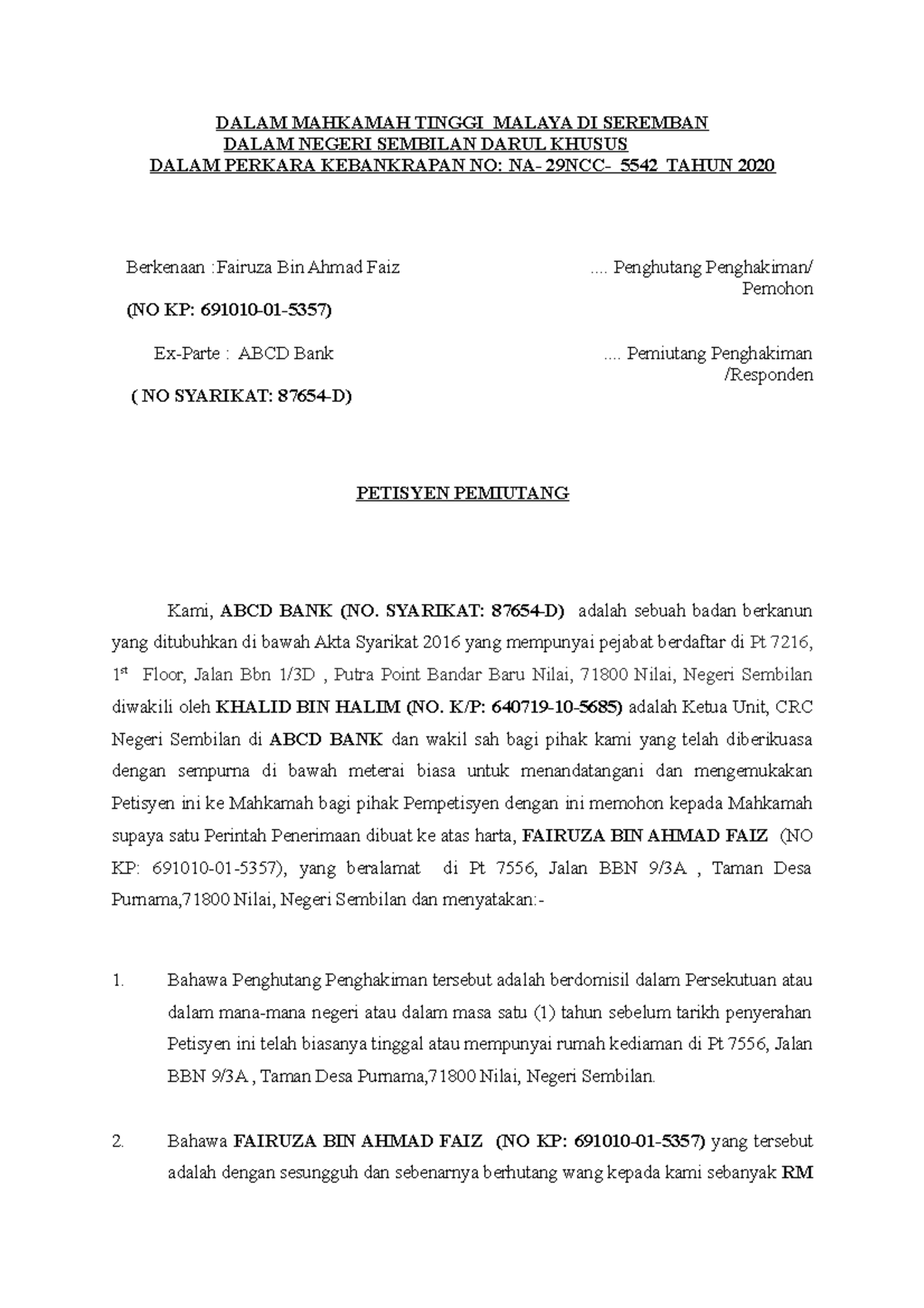 Petition kebankrapan - DALAM MAHKAMAH TINGGI MALAYA DI SEREMBAN DALAM ...