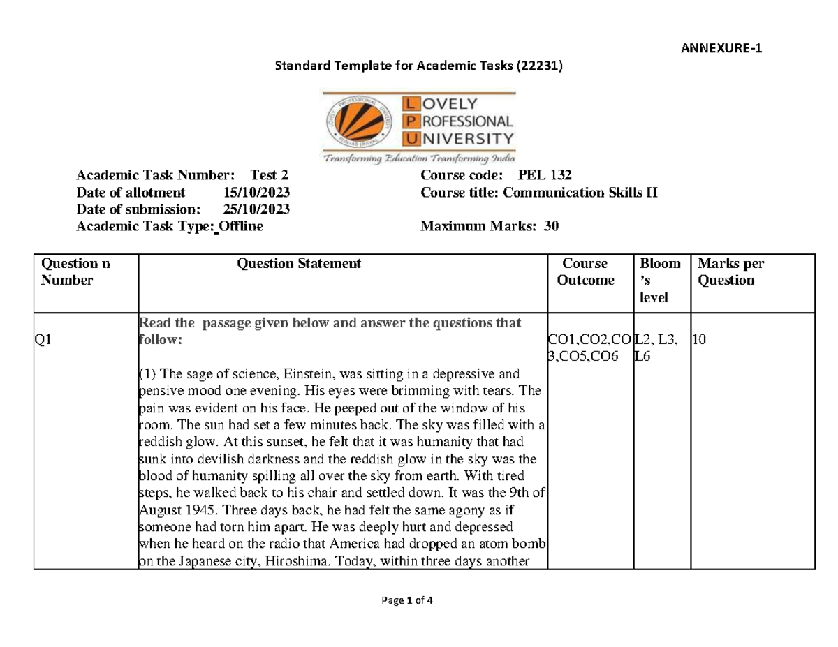 CA 3 PEL 132 sample paper - Standard Template for Academic Tasks (22231) Academic Task Number ...