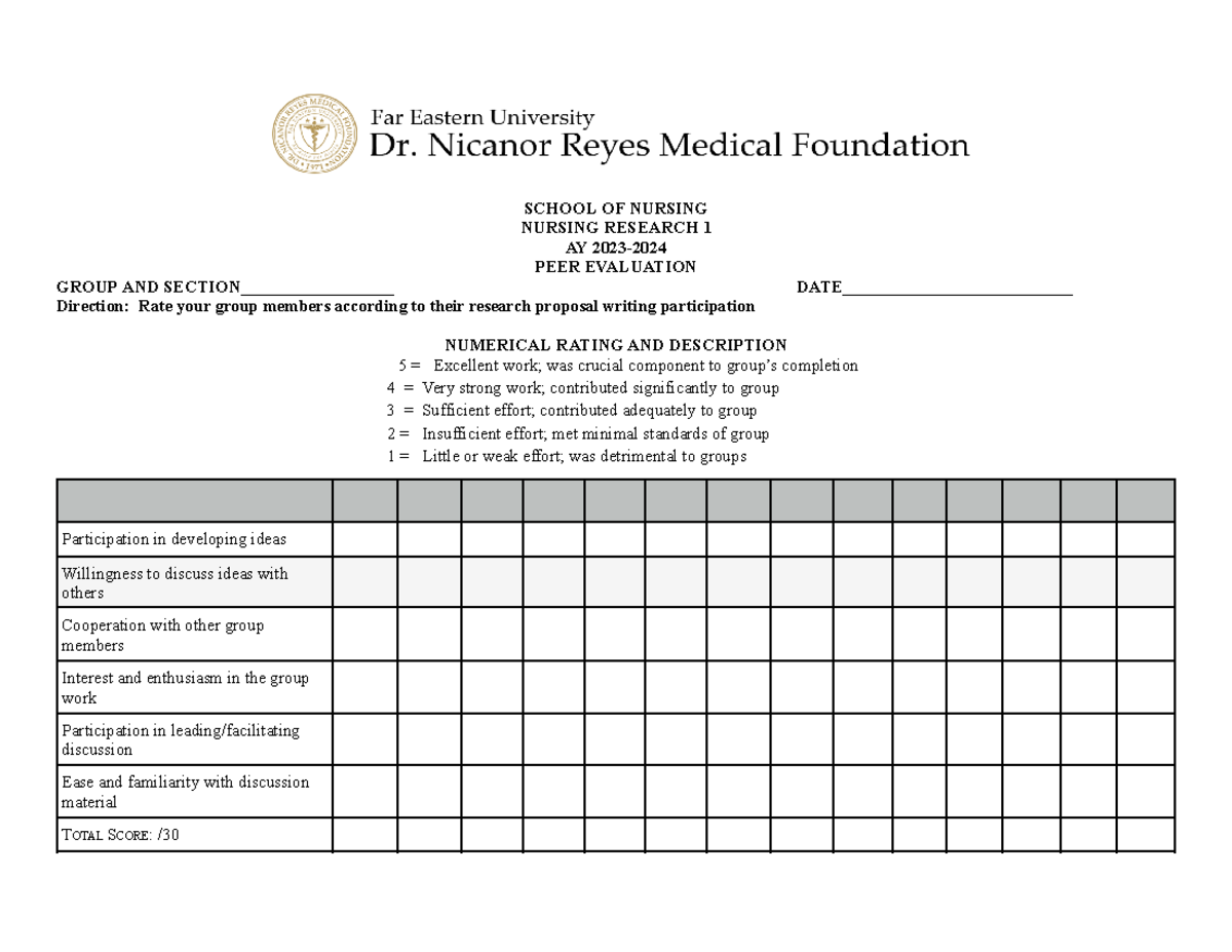 PEER- Evaluation- Template - SCHOOL OF NURSING NURSING RESEARCH 1 AY ...