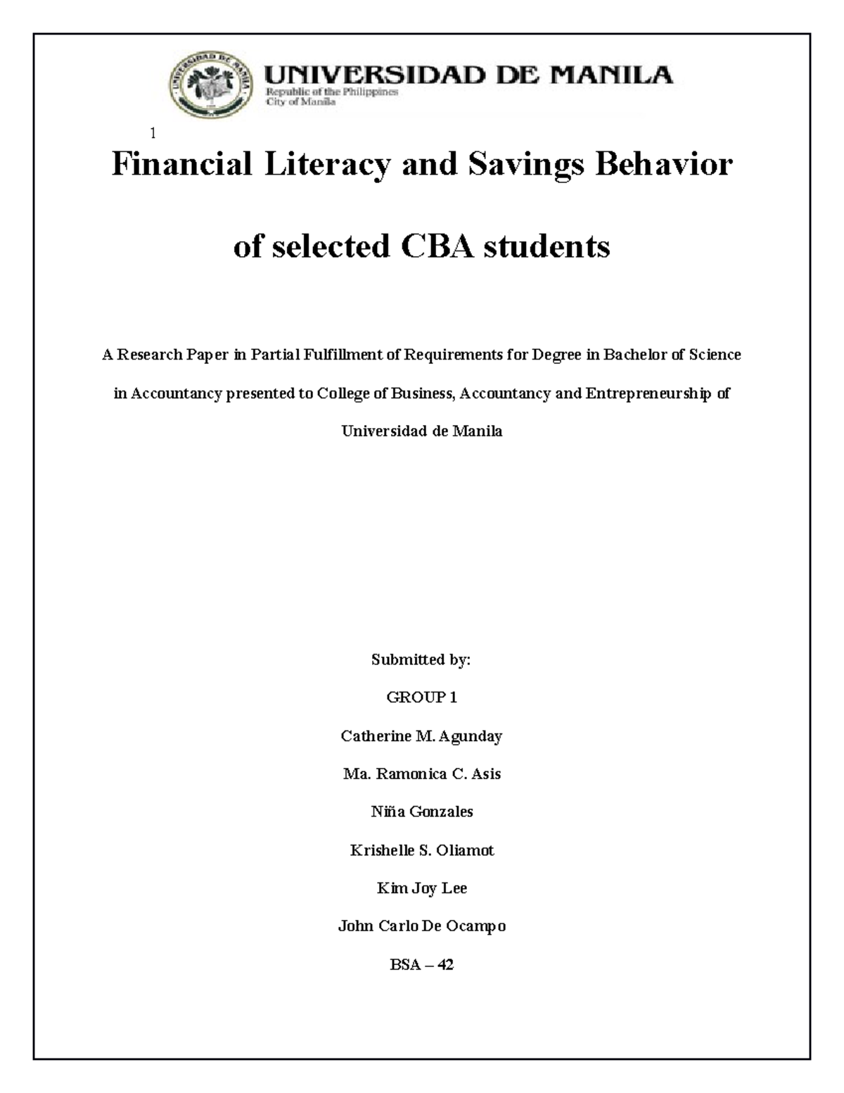 Group 1 Chap 1 and 2 Survey Q - 1 Financial Literacy and Savings ...