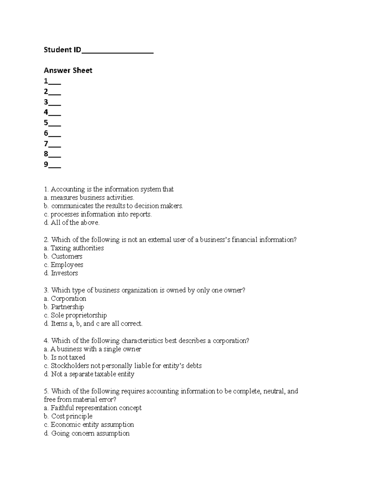 Quiz 1 - Student ID_________________ Answer Sheet 1___ 2___ 3___ 4___ 5 ...