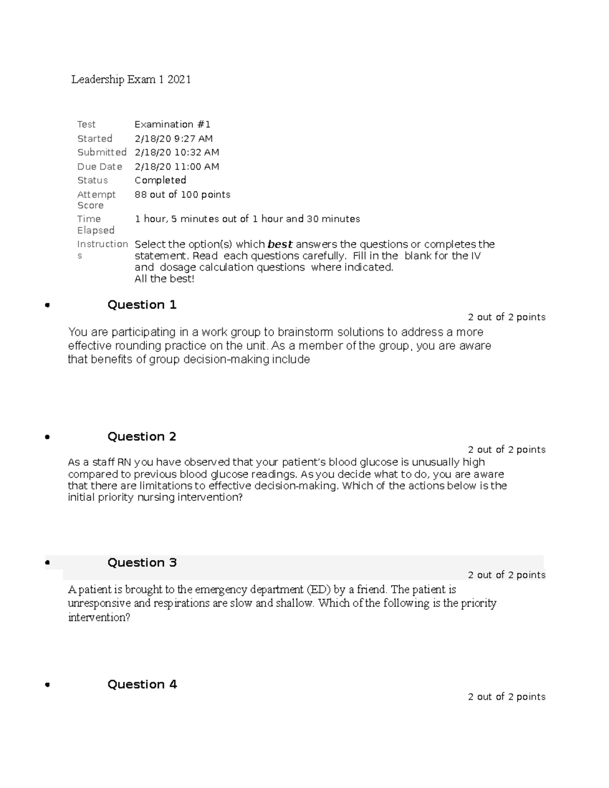 Leadership exam 2021 - Leadership Exam 1 2021 Test Examination ...