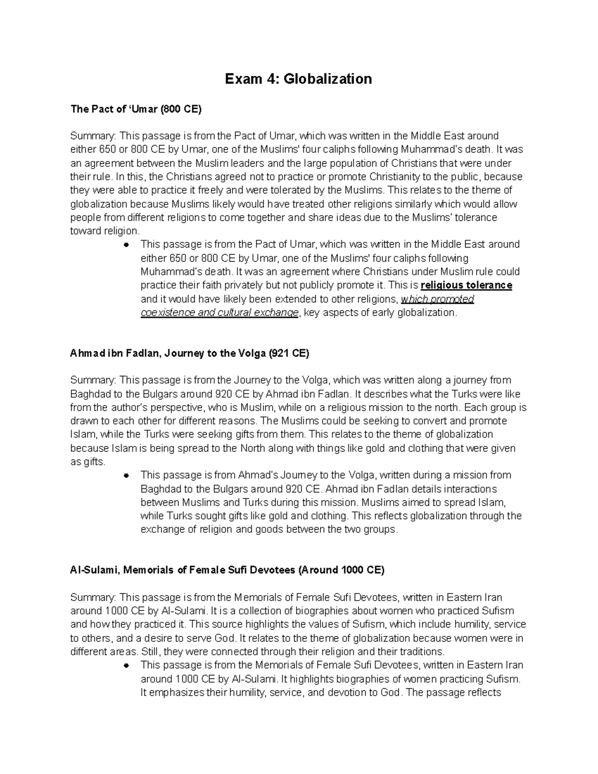 History Exam 4 Study Guide - Exam 4: Globalization The Pact of ‘Umar (800 CE) Summary: This ...