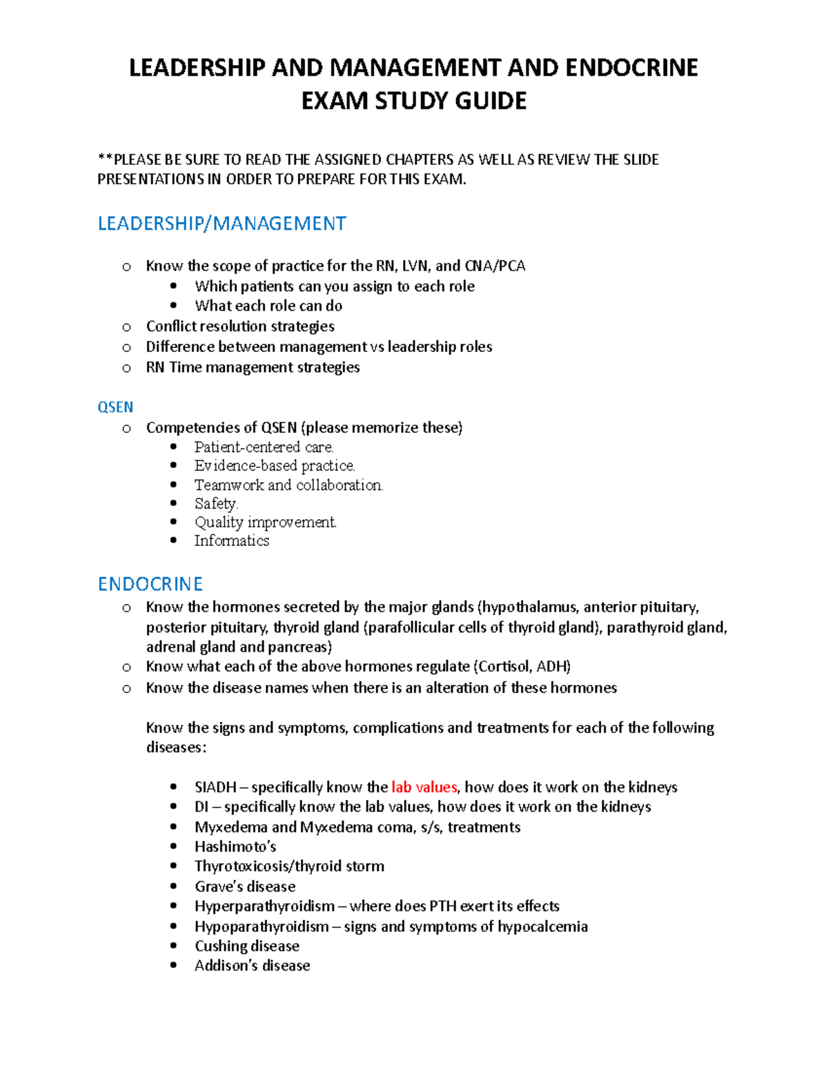 Leadership and Endocrine Study Guide-2-2 - LEADERSHIP AND MANAGEMENT ...