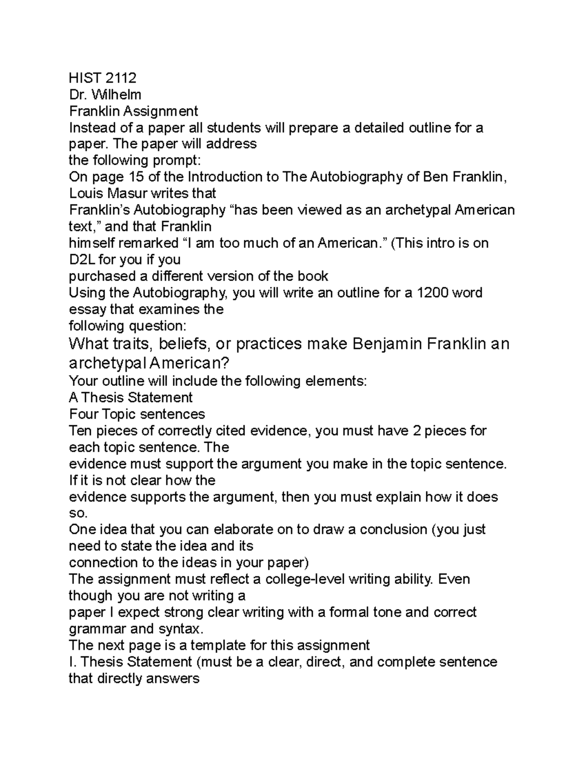 HIST 2112 - Study Guide - HIST 2112 Dr. Wilhelm Franklin Assignment ...