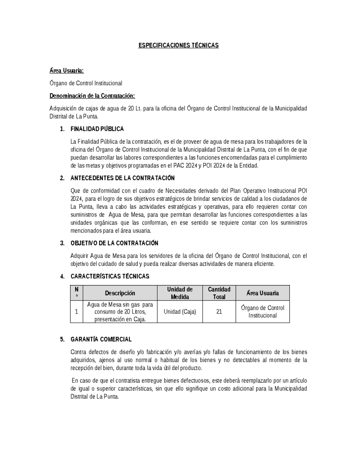 EETT Agua de Mesa - Especificaciones Técnicas de Bienes - ESPECIFICACIONES TÉCNICAS Área Usuaria ...