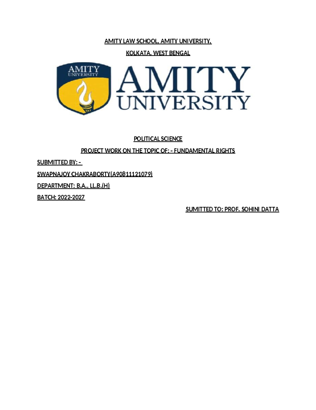 Political Science Project (Fundamental Rights) - AMITY LAW SCHOOL ...