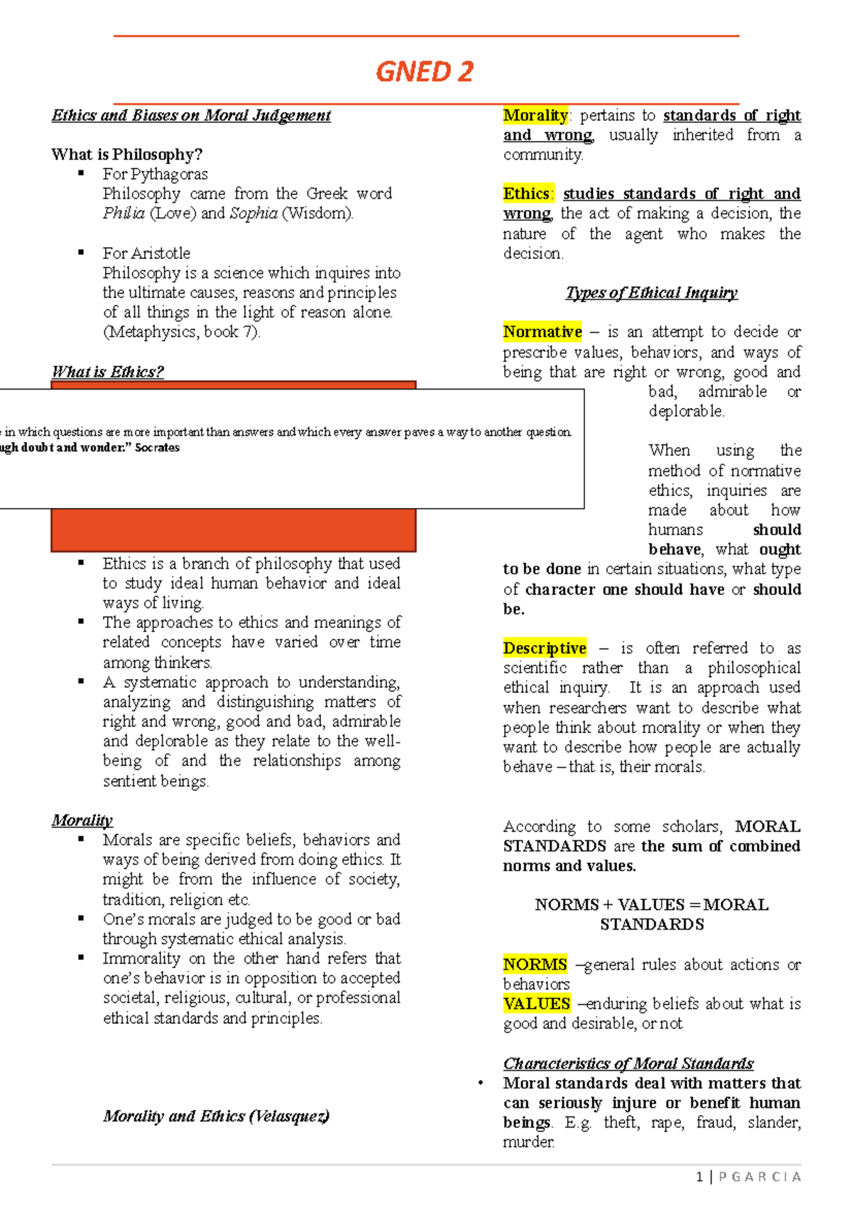 GNED 2 - REVIEWER 2 - important than answers and which every answer ...