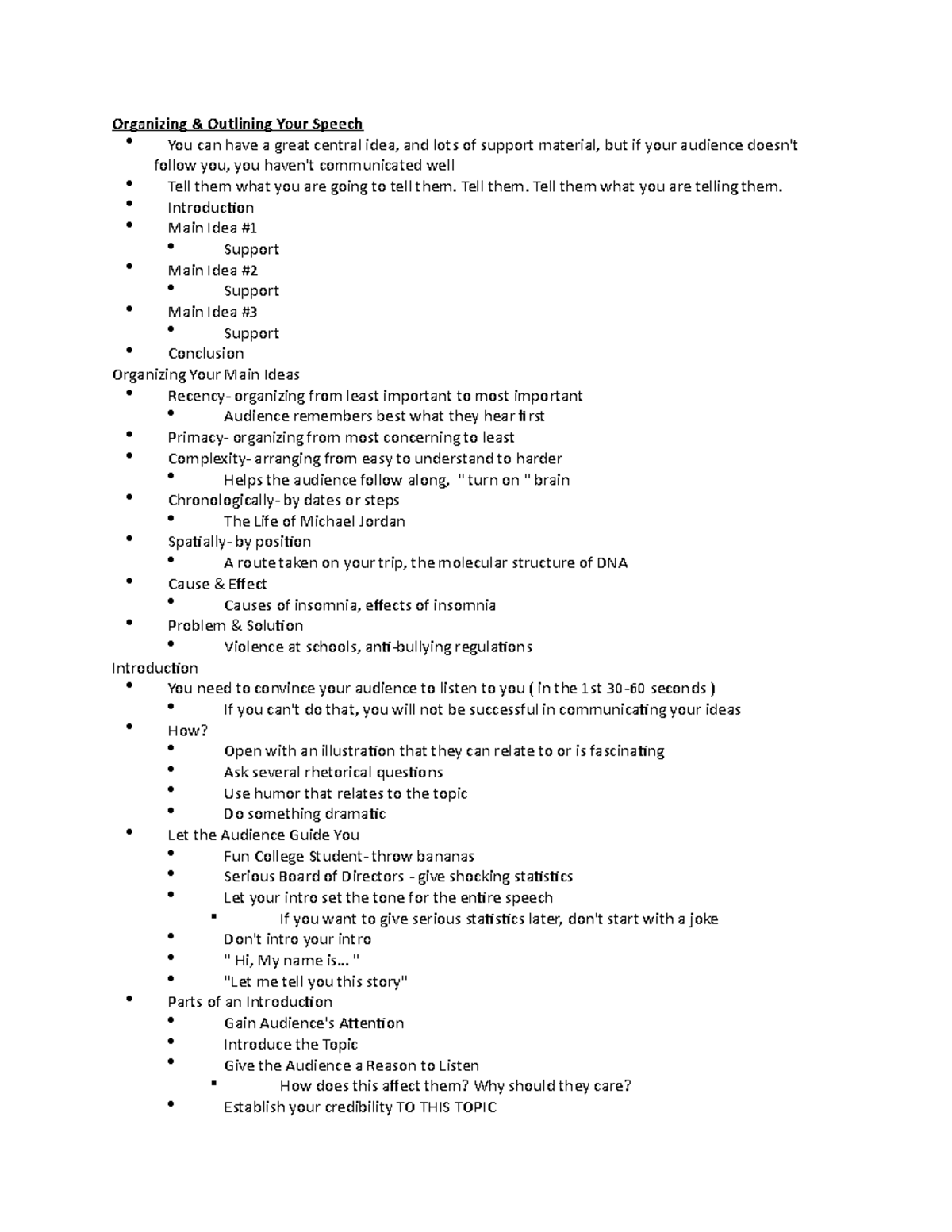 COMM 101 - Chapter 12 Notes - Organizing & Outlining Your Speech You ...