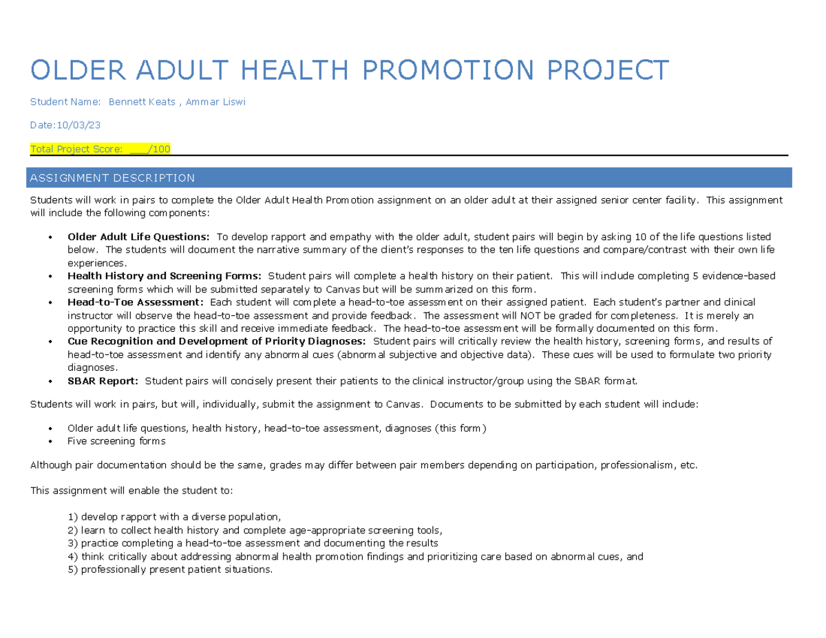 Older Adult Health Promotion Project-2 - OLDER ADULT HEALTH PROMOTION ...