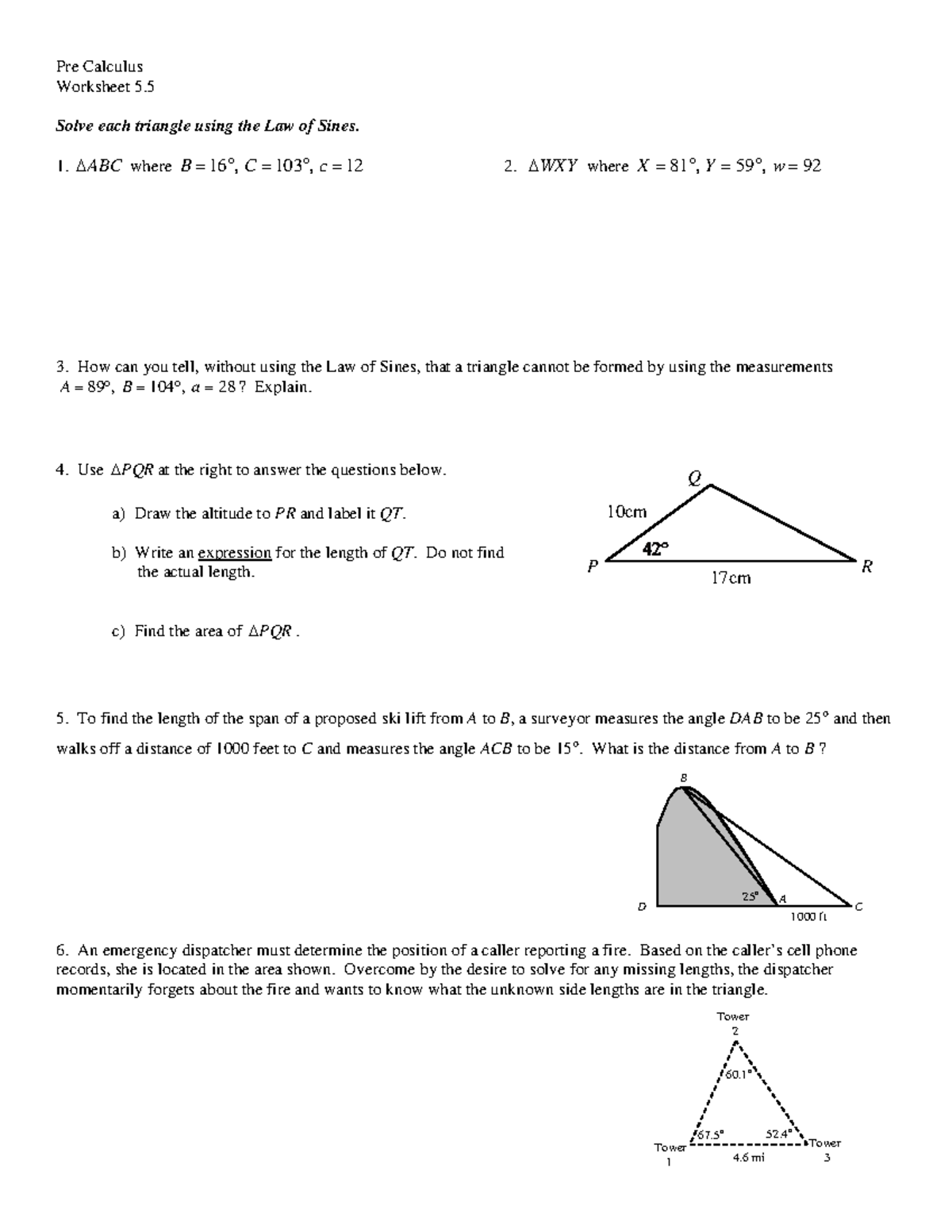 Precalc - Chapter 5A Worksheet - Pre Calculus Worksheet 5. Solve each ...