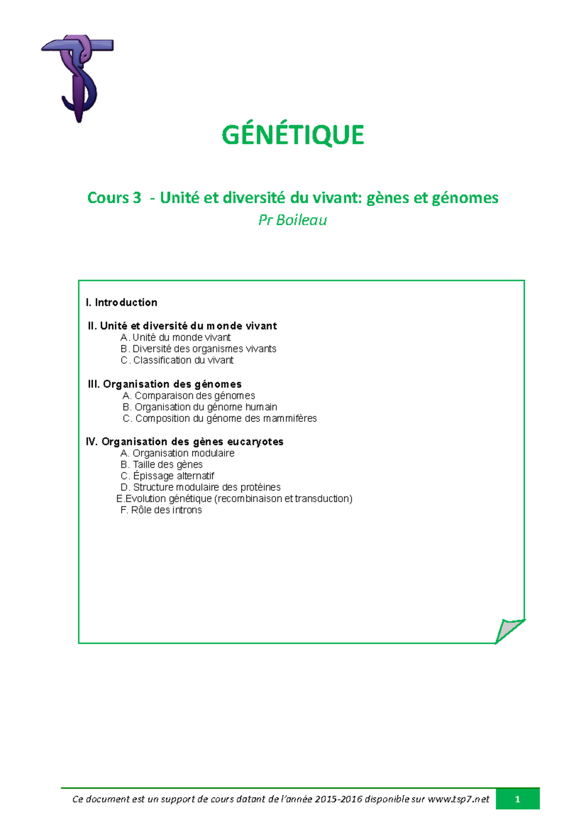 UE8TC Génétique Cours 3 Universite et diversite du vivant 2015 2016 ...