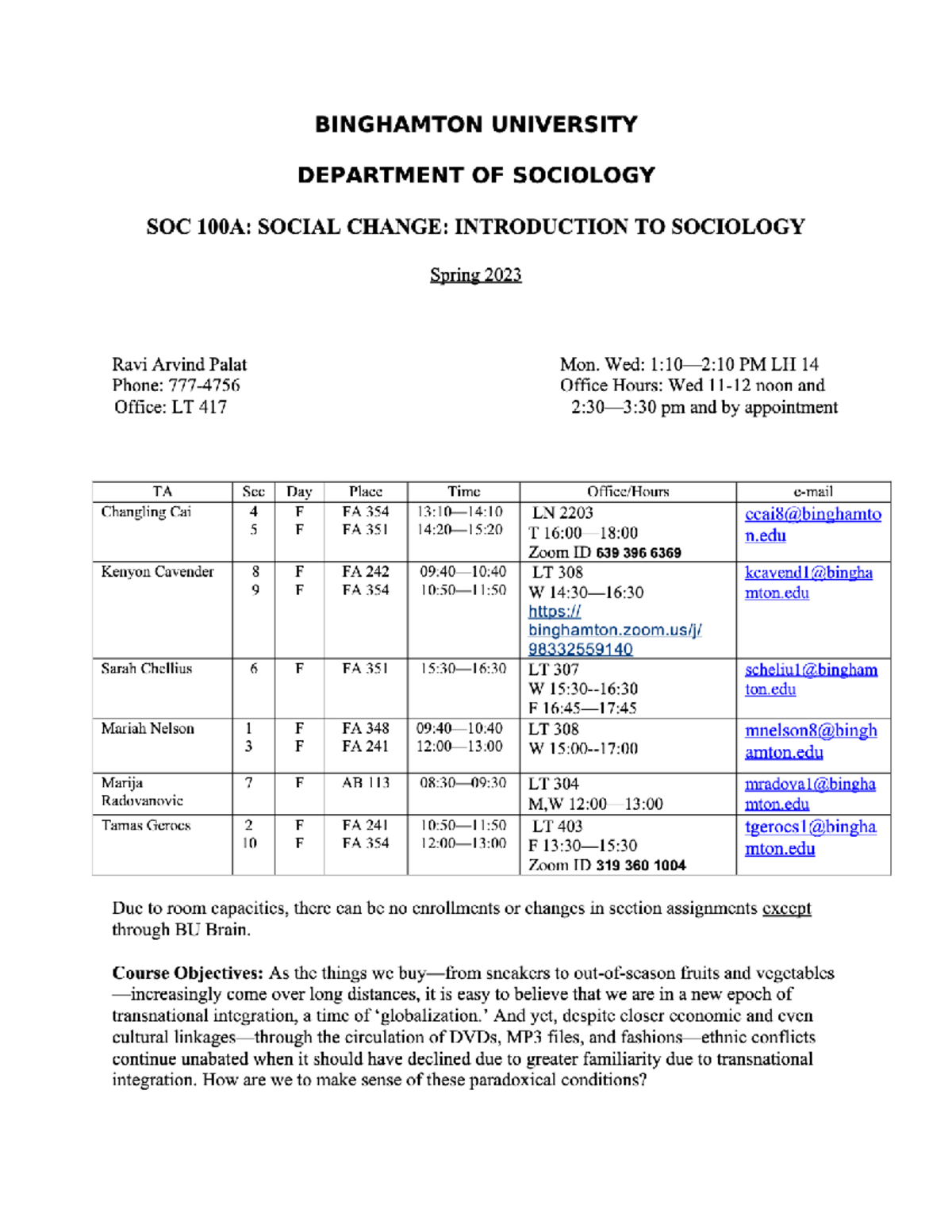 Syllabus Overview - Spring 2023 Social Change Intro Sociology (SOC-100 ...
