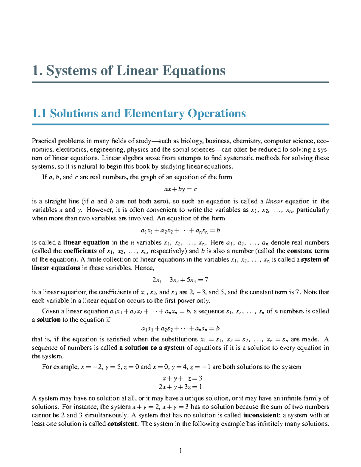 System of linear equation - 1. Systems of Linear Equations 1 Solutions ...