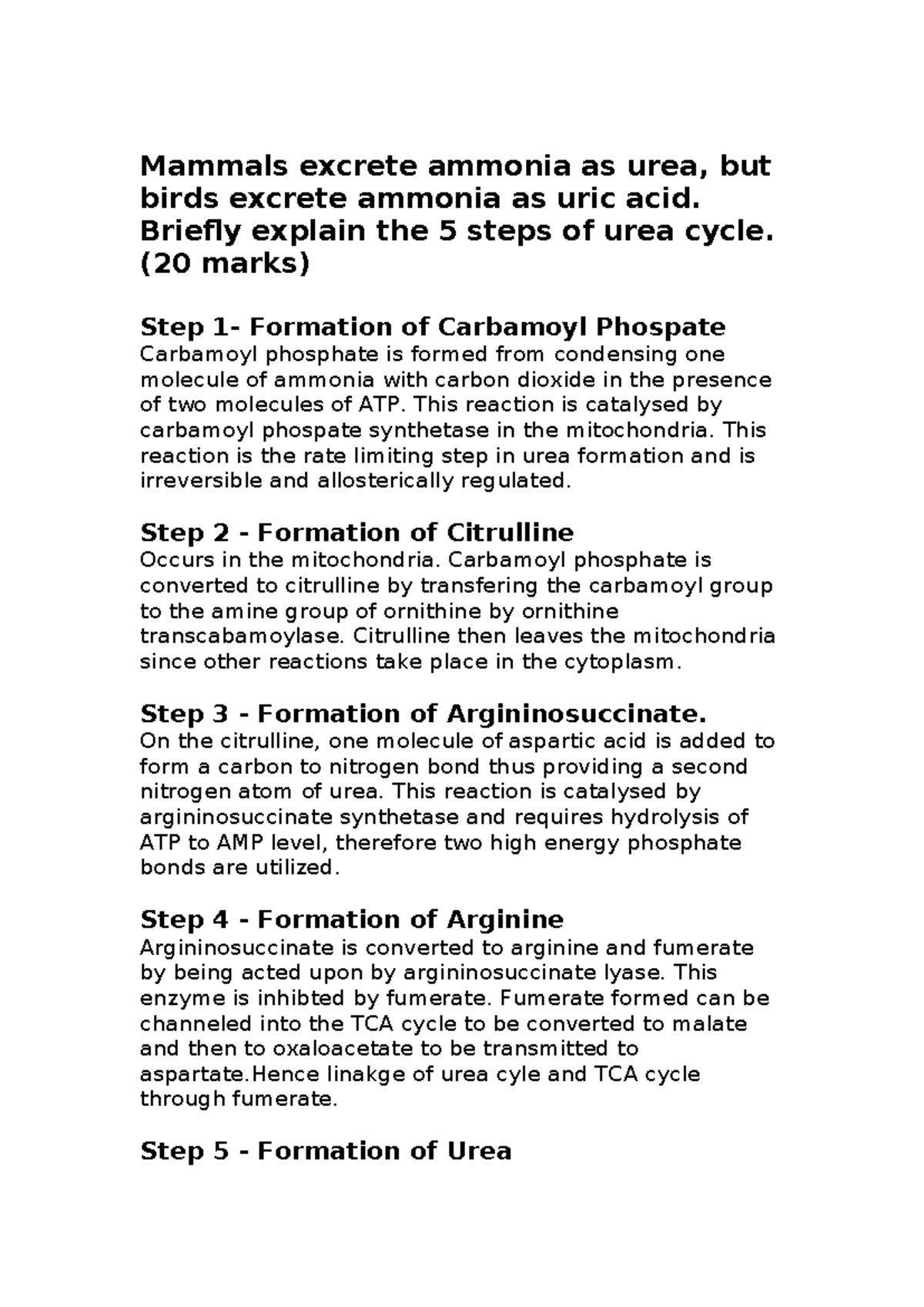 Cat 2 , biochemistry - Mammals excrete ammonia as urea, but birds ...