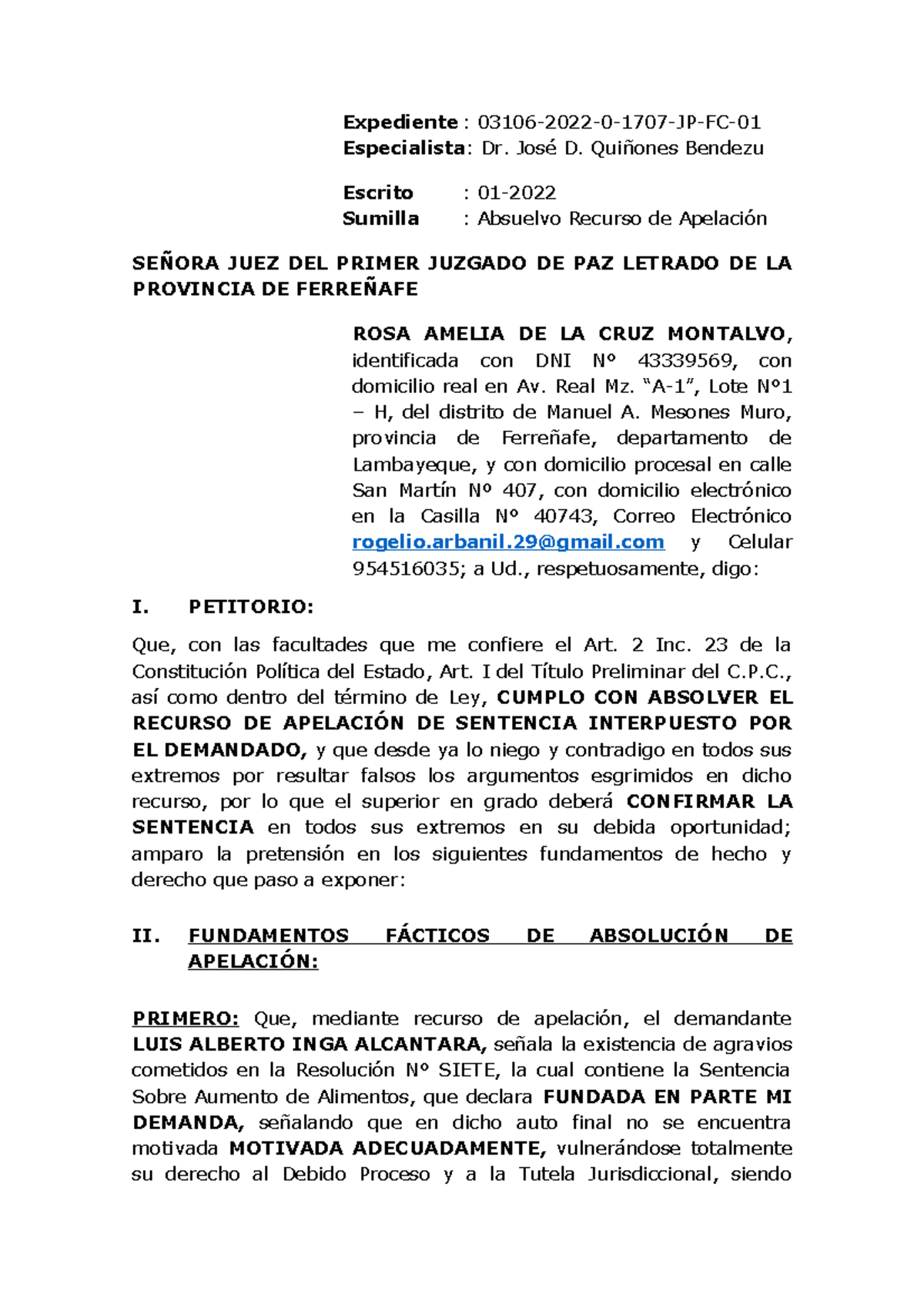 Absolución DE Recurso DE Apelación ROSA Amelia DE LA CRUZ Montalvo ...