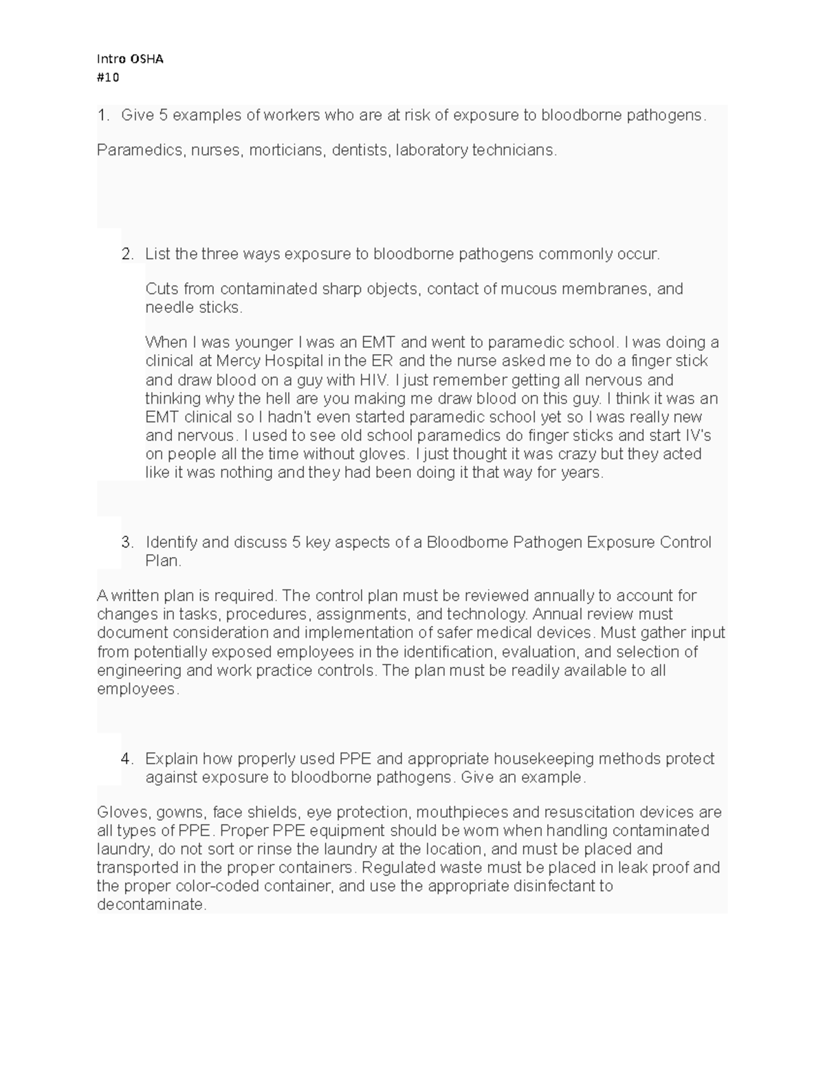 Assignment #10 - Intro OSHA Give 5 examples of workers who are at risk ...