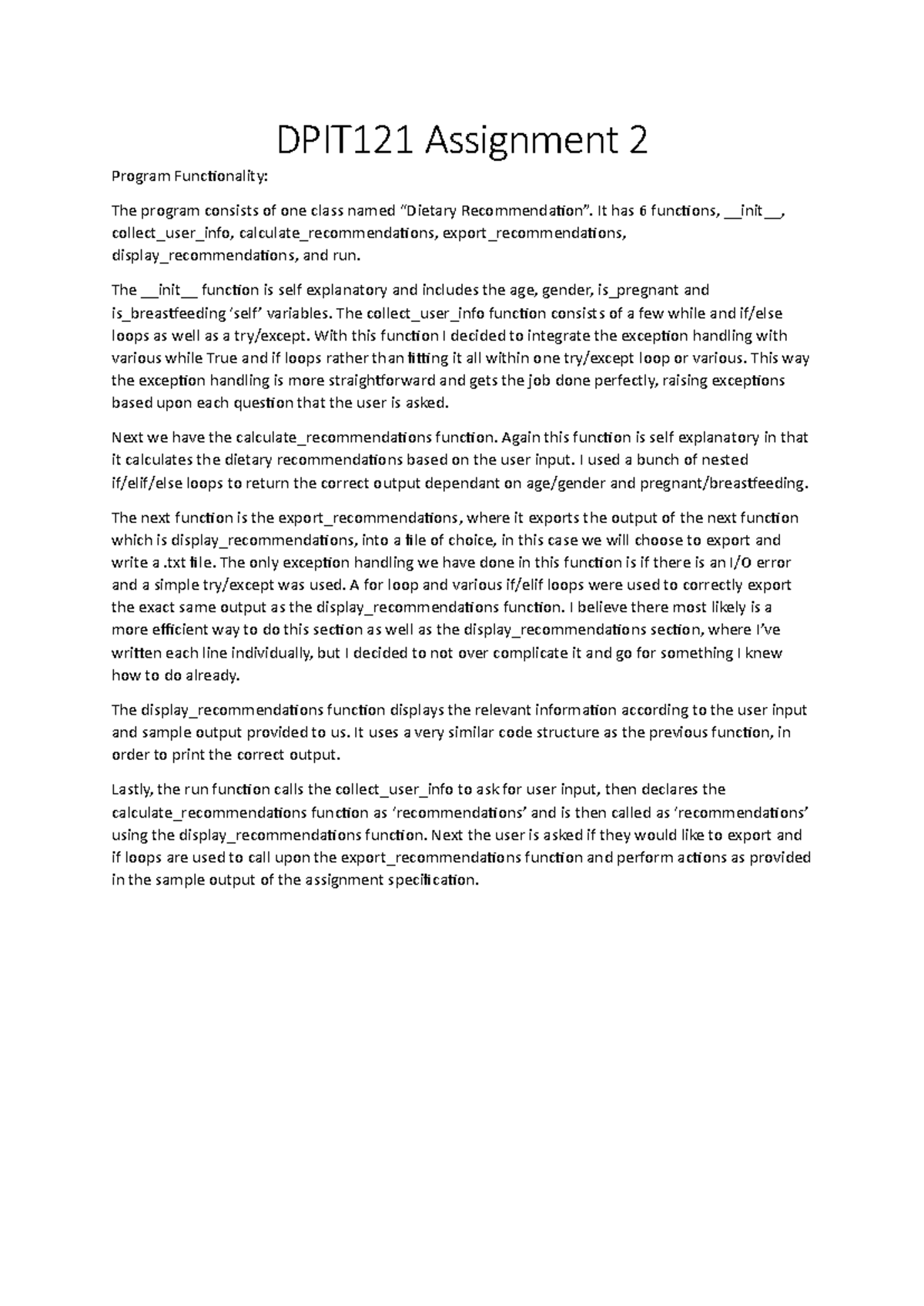 Assignment 2 diet recommendation - DPIT121 Assignment 2 Program Functionality: The program ...