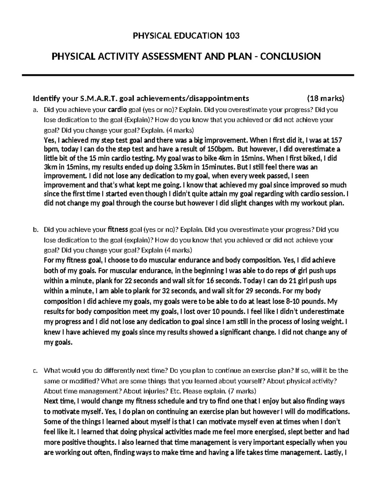 Final fitness plan - PHYSICAL EDUCATION 103 PHYSICAL ACTIVITY ...