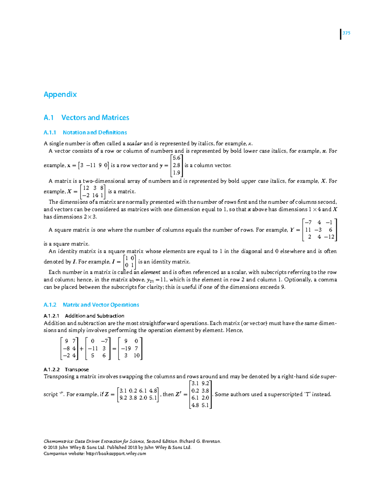 2018 Brereton BOOK Chemometrics Ch 08 Appendix - 375 Appendix A Vectors and Matrices A.1 ...