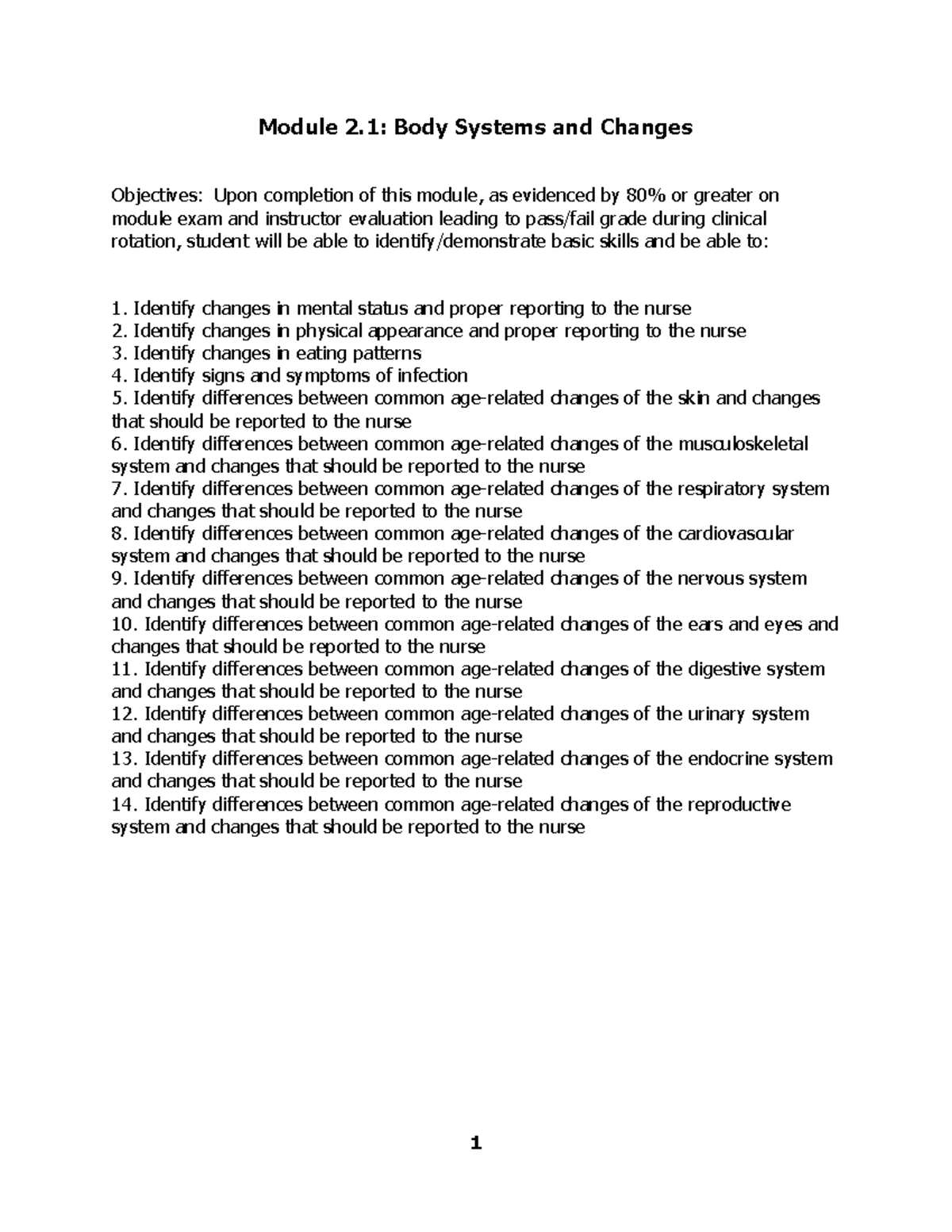 Module 2.1 handout - Module 2: Body Systems and Changes Objectives ...