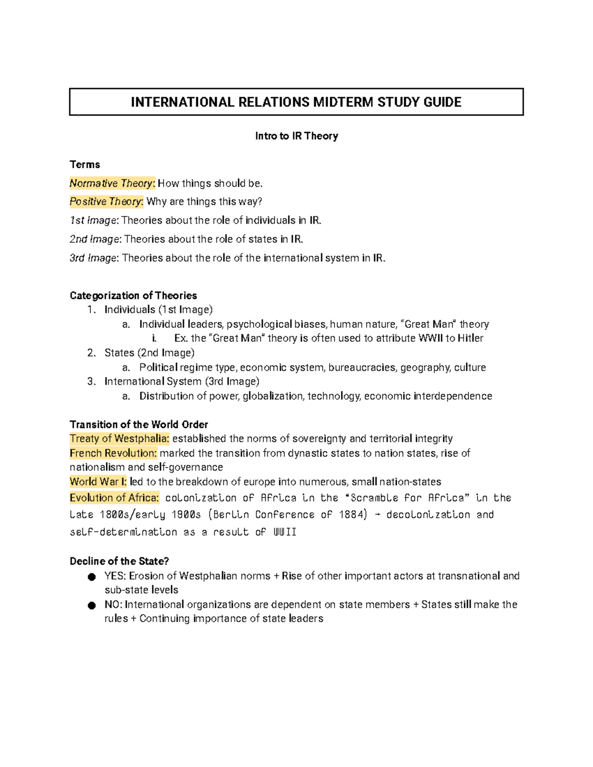 IR Spring 2020 Midterm Study Guide - INTERNATIONAL RELATIONS MIDTERM STUDY GUIDE Intro to IR ...