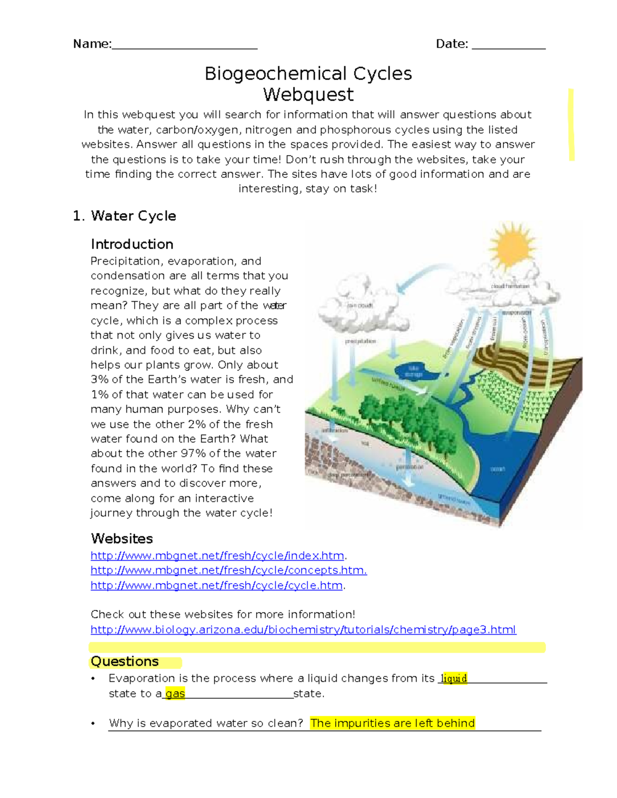 Biogeochemical webquest answer key - Name: Date: Biogeochemical Cycles ...