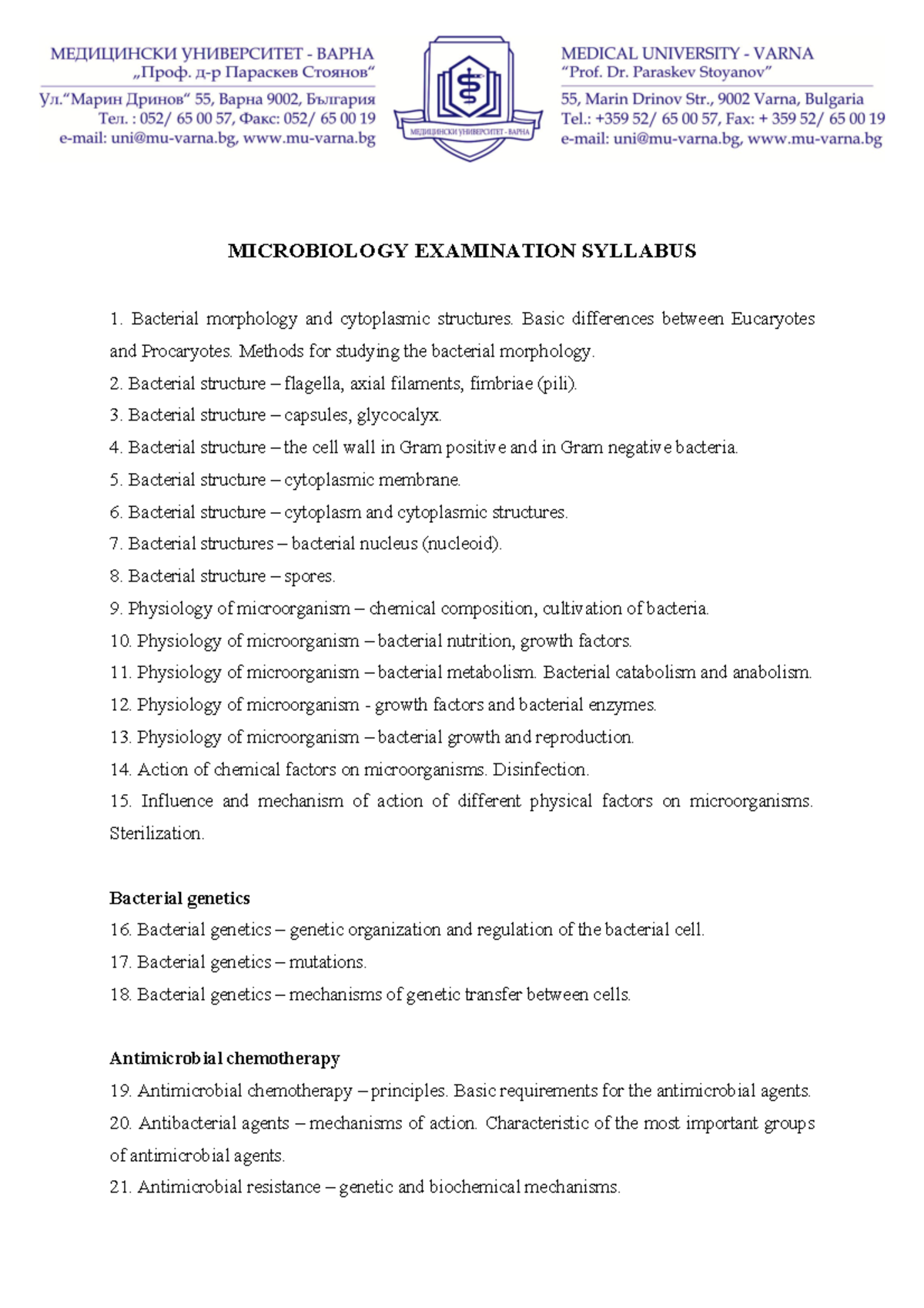 Colloquium Microbiology Syllabus - One - MICROBIOLOGY EXAMINATION ...