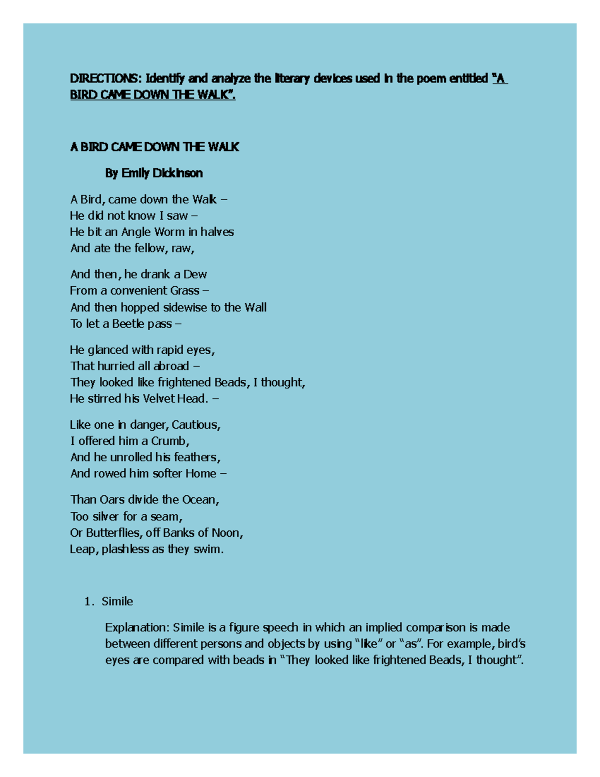 ABird Came Down The Walk 21Literature - DIRECTIONS: Identify and ...