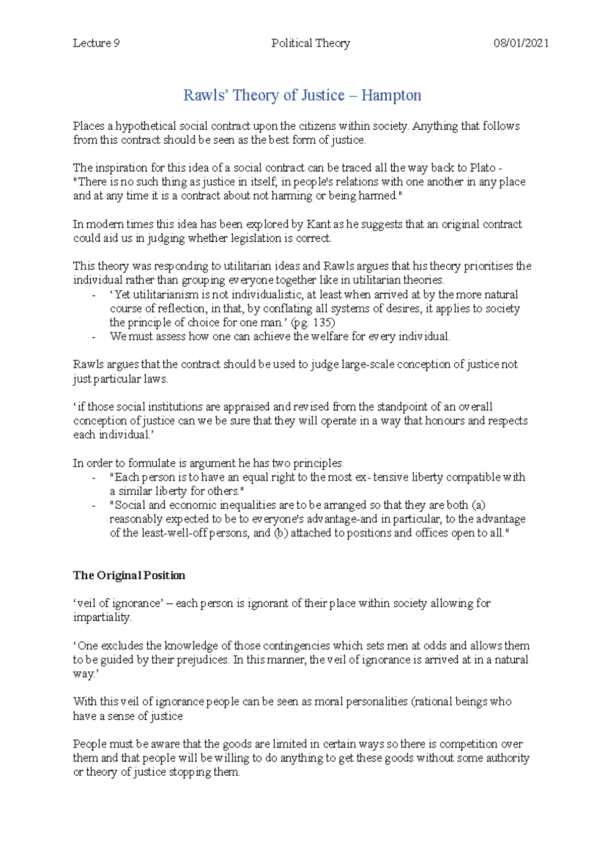 Rawls' Theory of Justice - Hampton - Lecture 9 Political Theory 08/01 ...