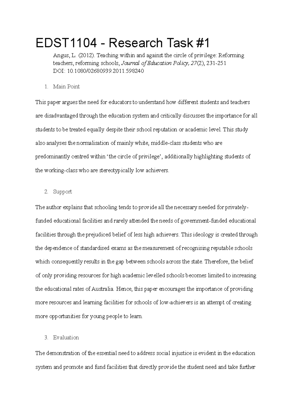 EDST1104- Research Task #1 - EDST1104 - Research Task Angus, L. (2012 ...