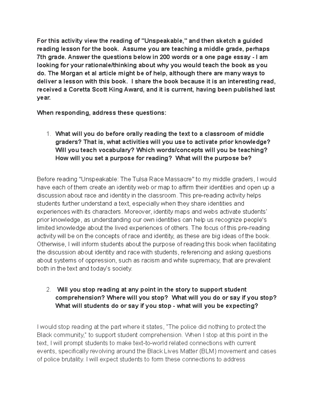 Unspeakable Lesson - For this activity view the reading of "Unspeakable ...