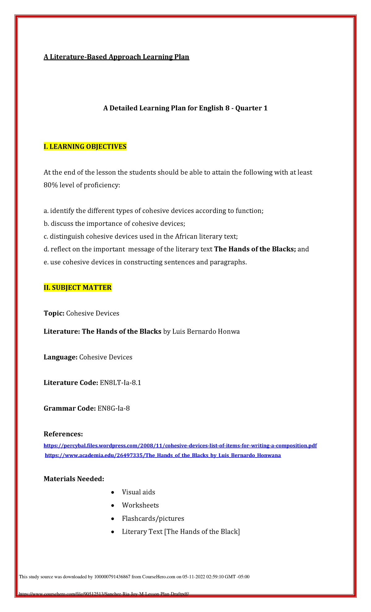 Sanchez Ria Joy M - Semk Detailed Lesson Plan - A Literature-Based ...