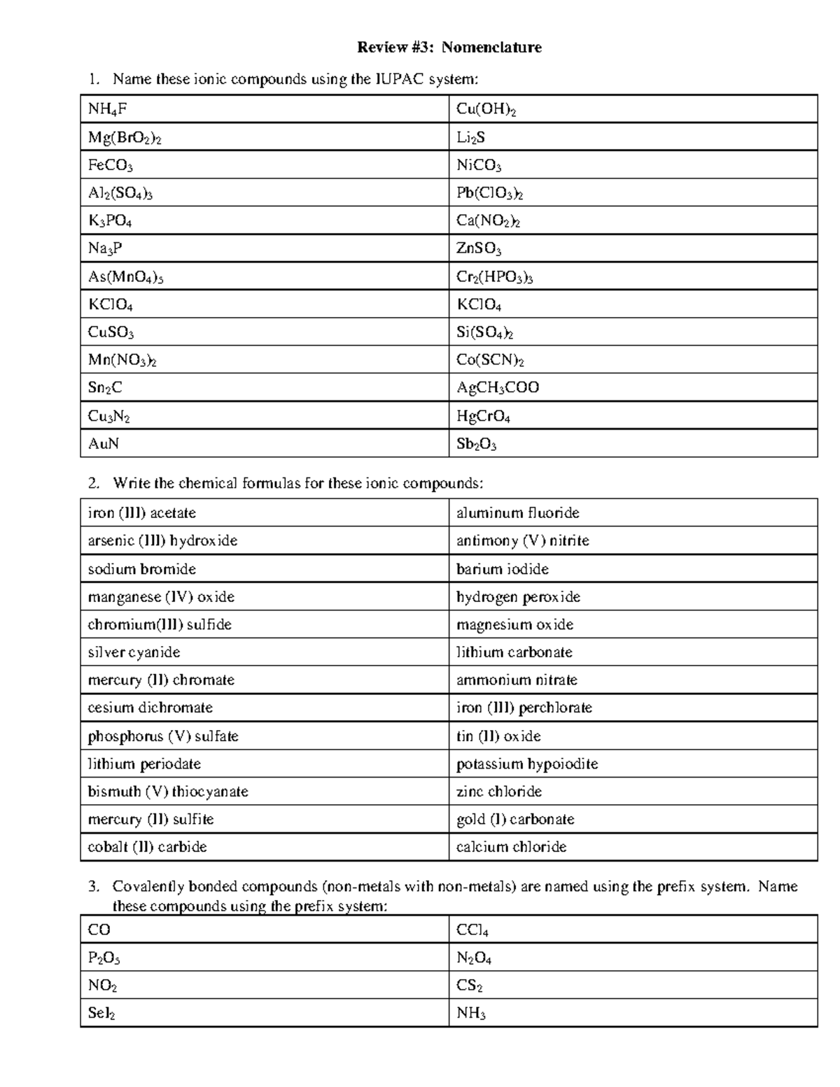 Chemistry nomenclature practice for final exam - Review #3 ...
