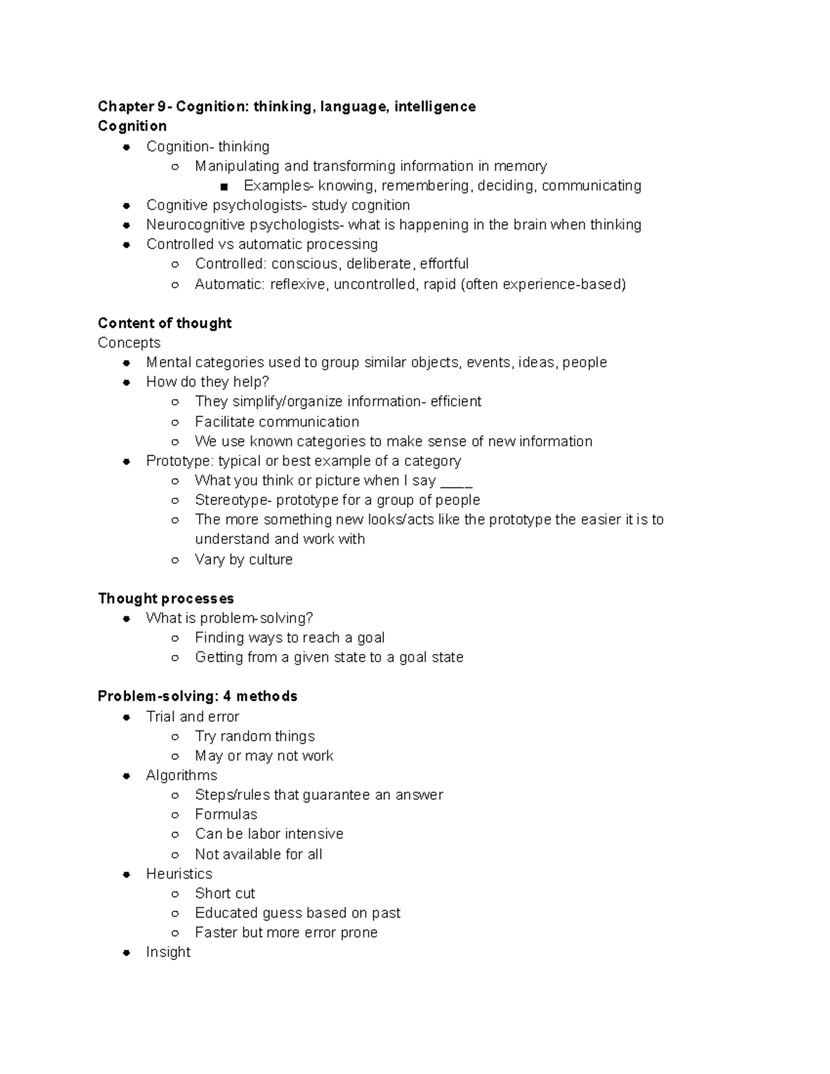 Chapter 9 - Chapter 9- Cognition: thinking, language, intelligence Cognition Cognition- thinking ...