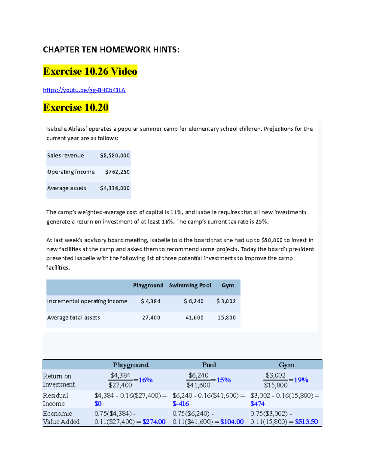 Chapter TEN Homework Hints - CHAPTER TEN HOMEWORK HINTS: Exercise 10 ...