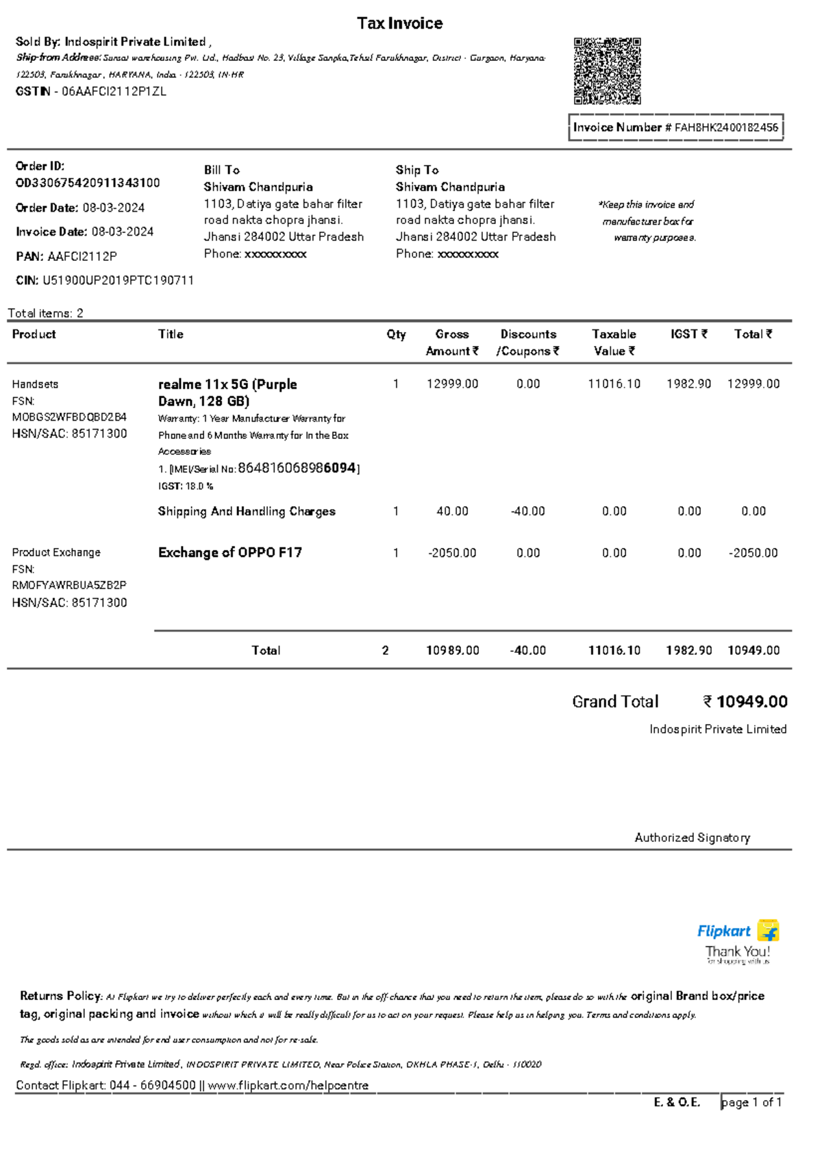 OD330675420911343100 - *Keep this invoice and manufacturer box for warranty purposes. Ship To ...