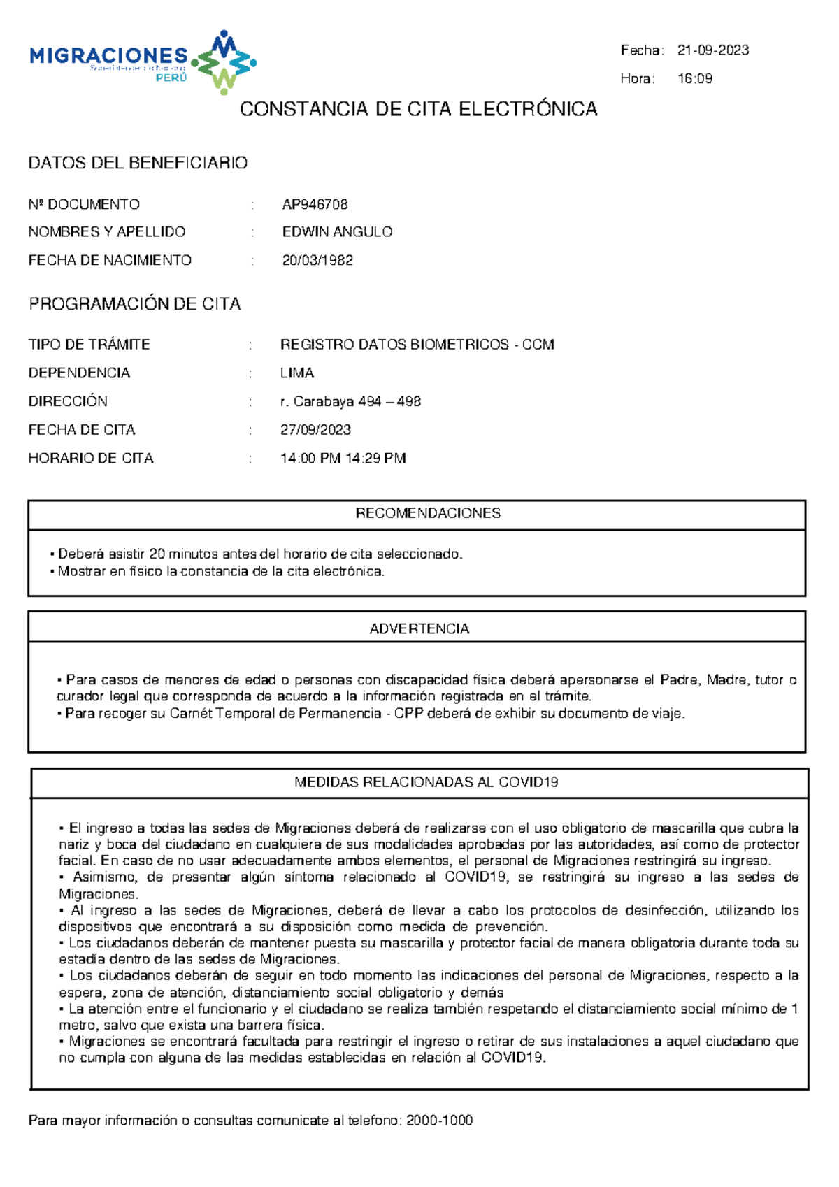 CITA Datos Biometricos SR. Edwin Angulo - Fecha: Hora: CONSTANCIA DE ...