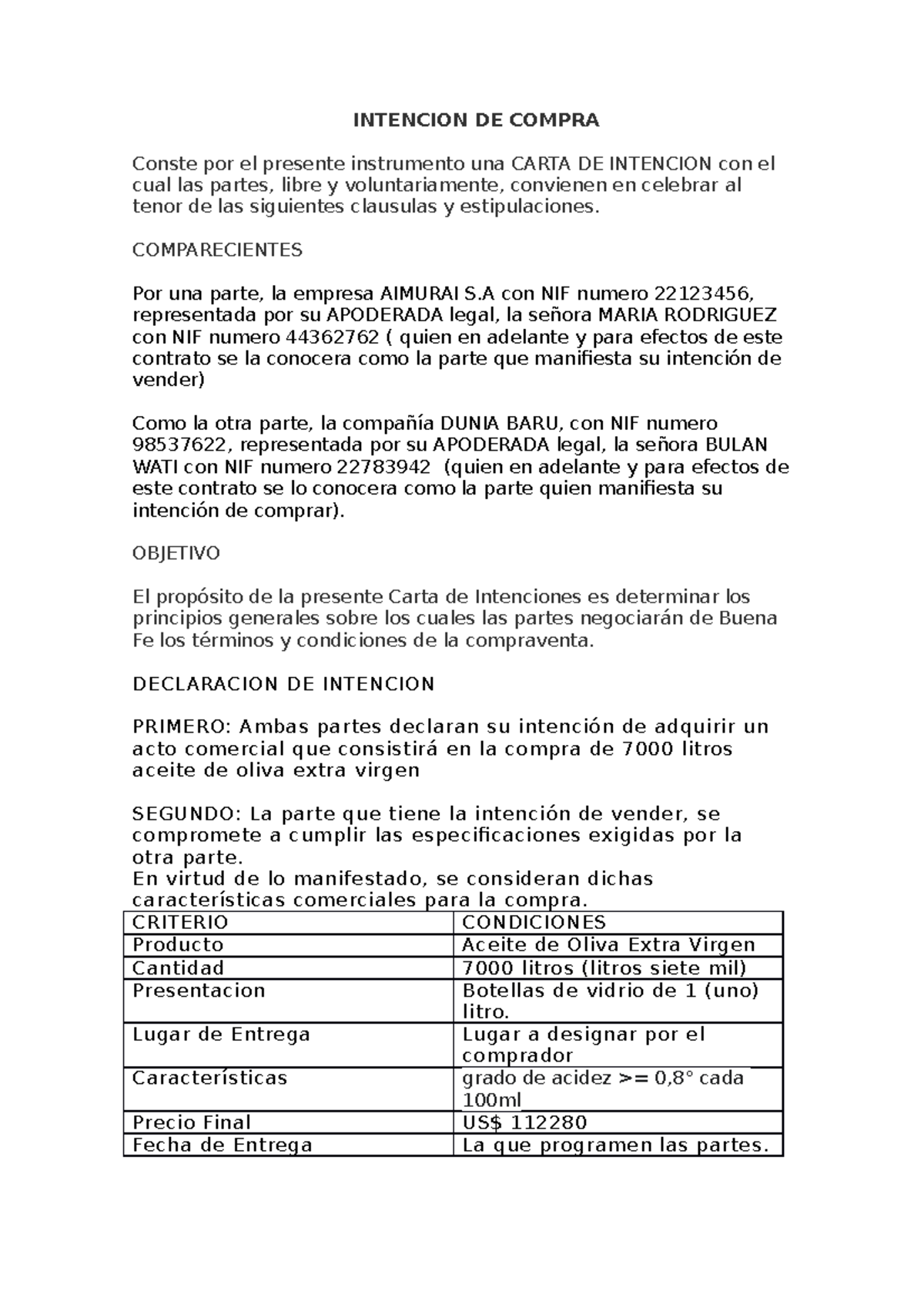 Carta DE Intencion - INTENCION DE COMPRA Conste por el presente instrumento una CARTA DE ...
