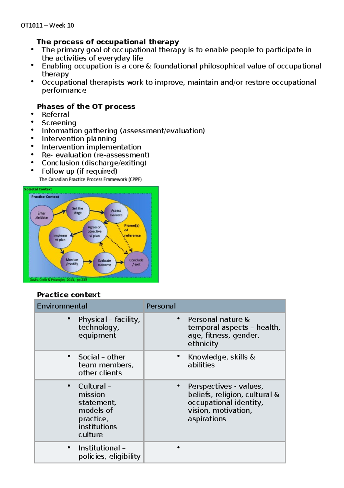 OT1011 - Week 10 - OT1011 – Week 10 The process of occupational therapy ...
