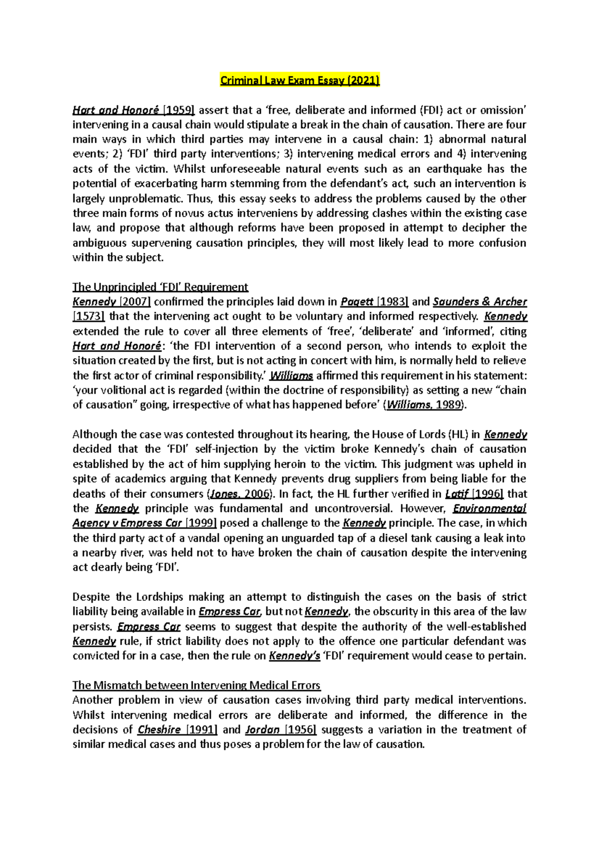 LL108 2021 Exam Essay - Criminal Law Exam Essay (2021) Hart and Honoré ...