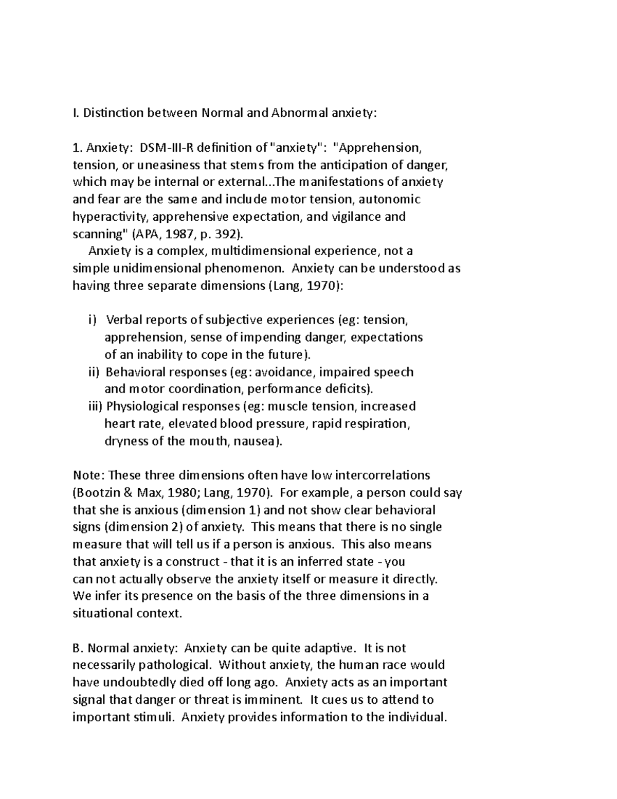 Background to anxiety - Notes from class - I. Distinction between ...