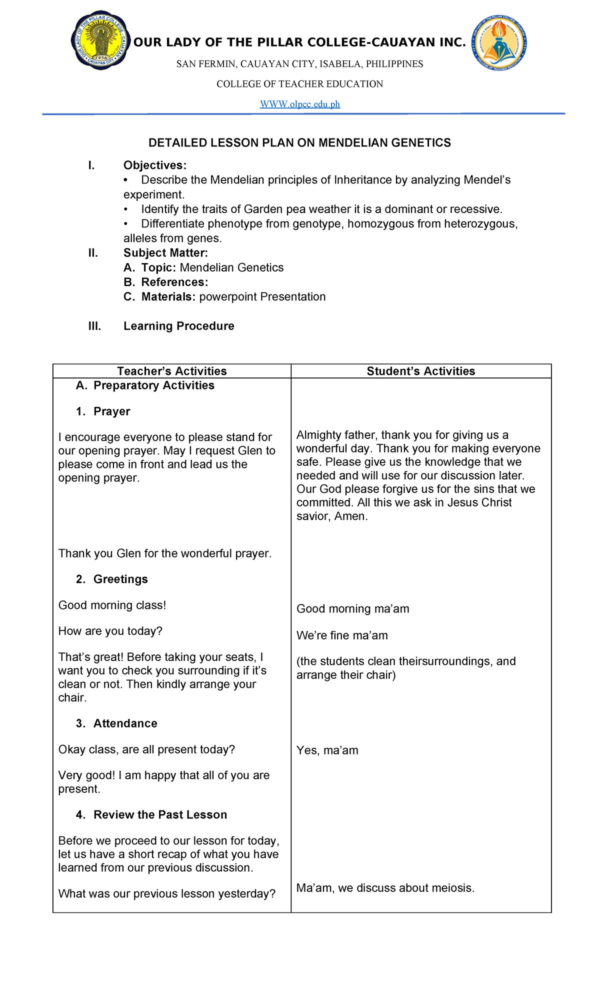 Detailed Lesson PLAN ON Mendelian Genetics - OUR LADY OF THE PILLAR ...