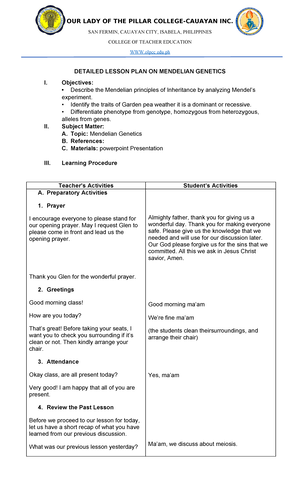 Detailed Lesson PLAN IN Genetics new(1) - DETAILED LESSON PLAN ON ...