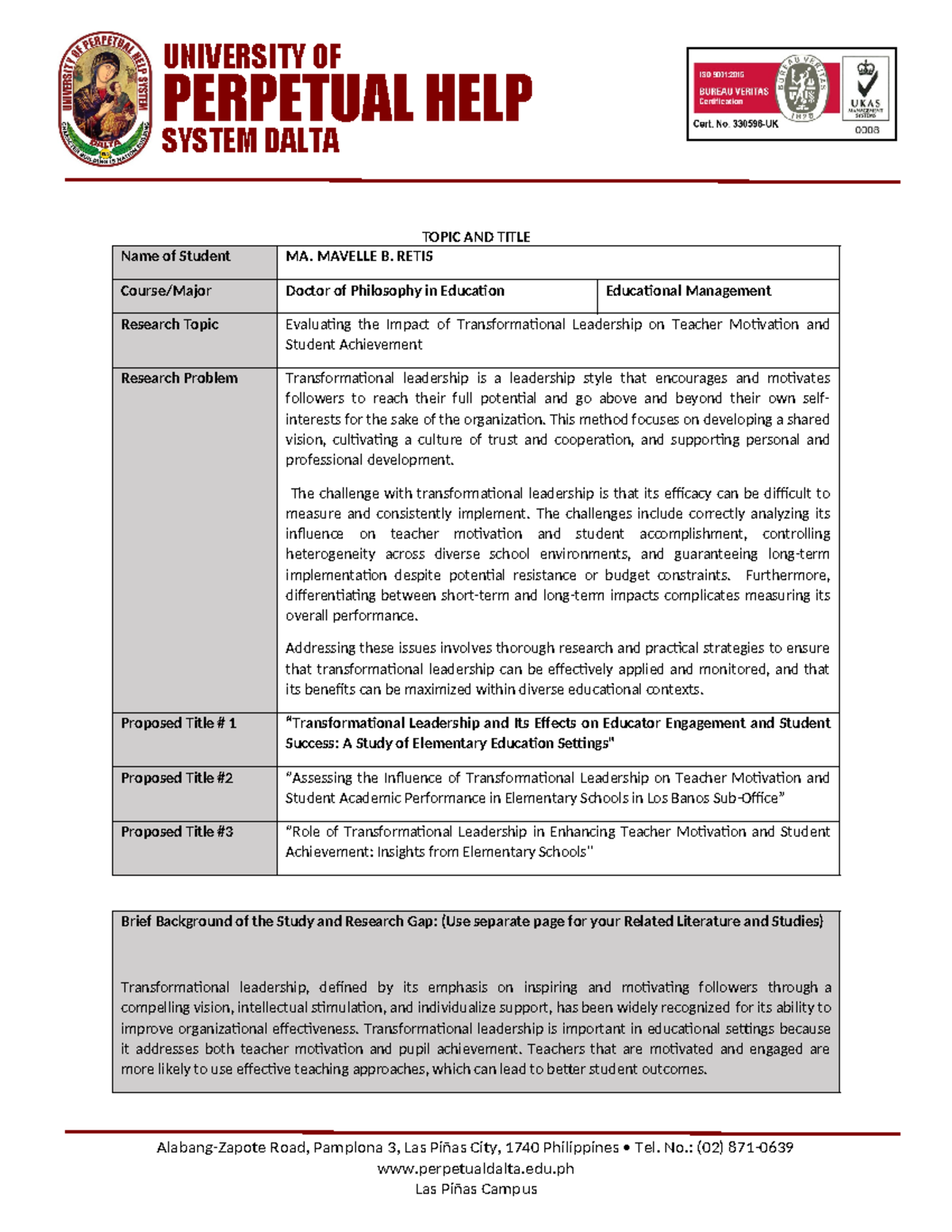 RESEARCH CAPSULE - PERPETUAL HELP SYSTEM DALTA TOPIC AND TITLE Name of ...