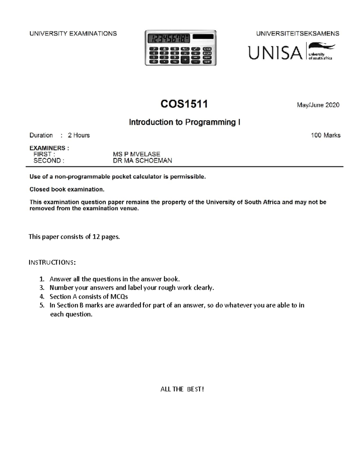 COS1511 May Jun 2020 new exam without solution - This paper consists of ...