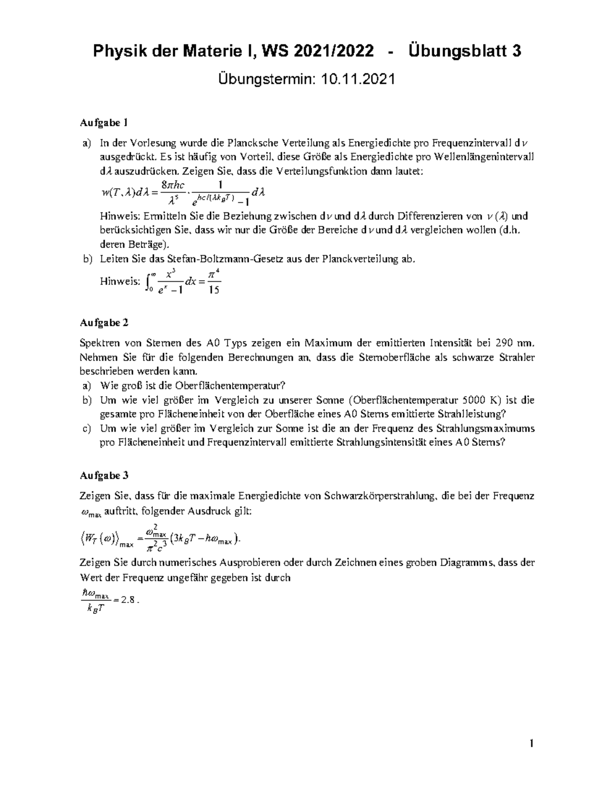 Uebungsblatt 3 - Wintersemester - 1 Physik der Materie I, WS 2021/2022 - Übungsblatt 3 ...